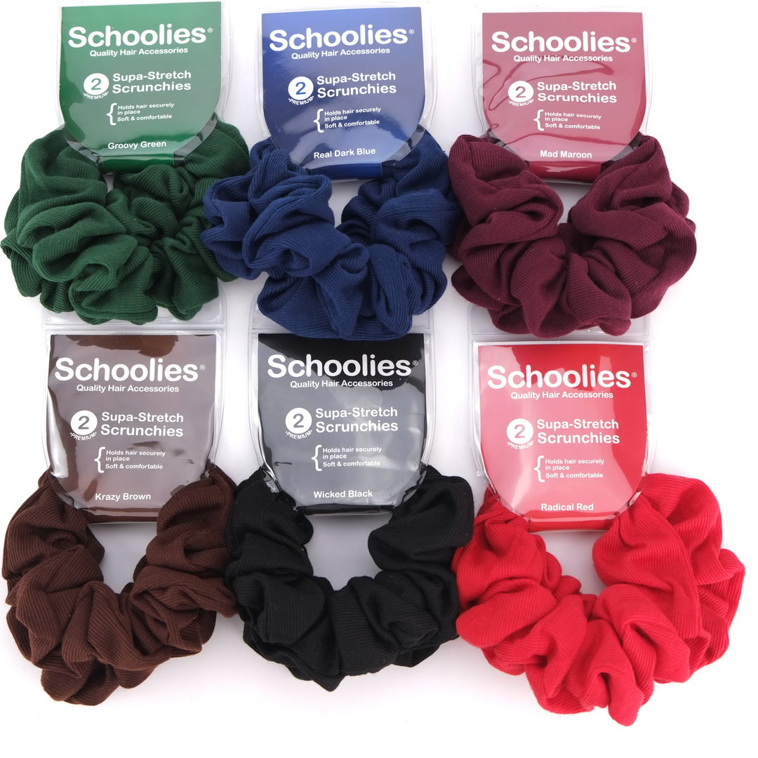 Schoolies Supa-Stretch Scrunchies 2pc Various Colours – The Hair Hub